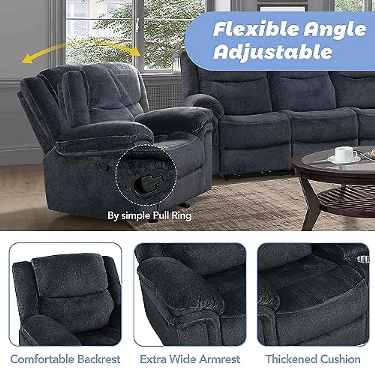 YUNLife&Home Manual Wall Hugger Chair with Cup Holder,2 USB Ports&Power Sockets,Double Reclining Sectional Sofa 3-Seat Couch for Living Room Apartment Office RV Theater Furniture Set, Dark Blue 83.8"w