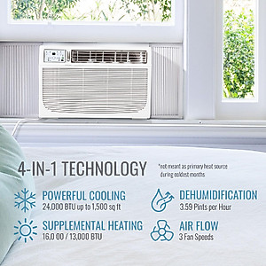 Keystone 24,000 BTU Window Air Conditioner with Dehumidifier and Supplemental Heat, 230V, Window AC for Extra Large Rooms up to 1500 Sq. Ft. with Remote Control, 3 Speeds, and Washable Filter, White
