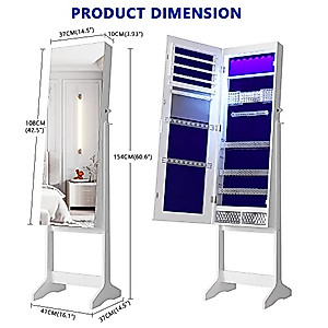 Gurexl 2-in-1 Jewelry Armoire with 8 LEDs,Door/Wall Mounted/Free Standing Jewelry Cabinet with Adjustable Acrylic Storage Shelf,Lockable Jewelry Organizer with Full Length Mirror for Bedroom