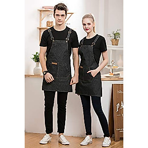 Denim Cross-Back Chef Bib Apron with Pockets for Men and Women (Black Stripe)