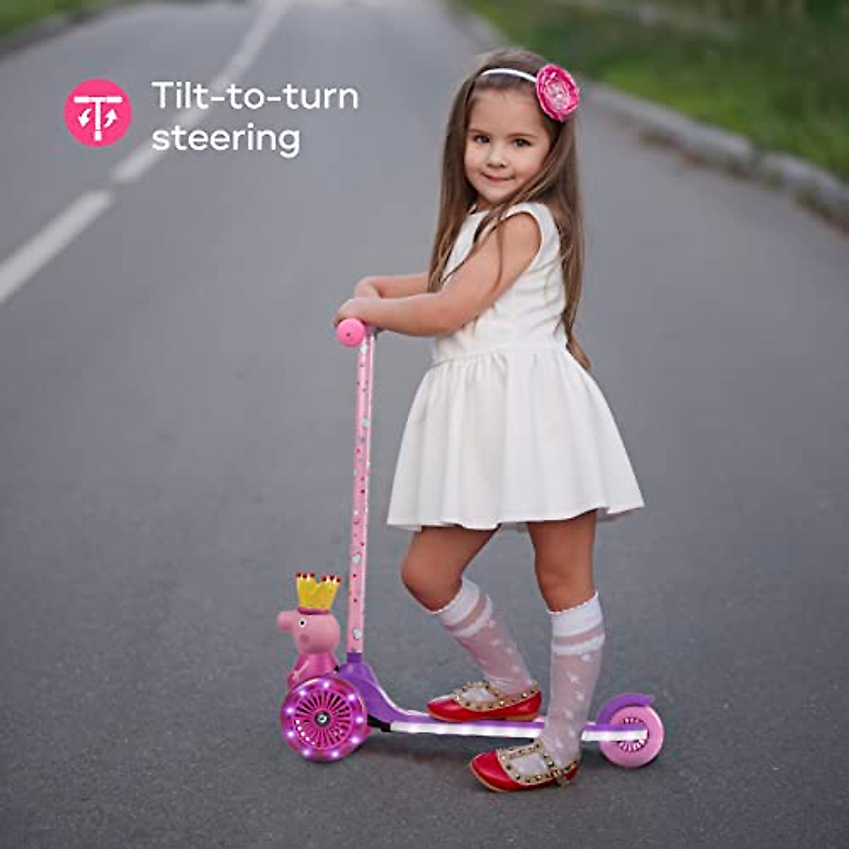 Peppa Pig Kick Scooter for Kids, Self-Balancing 3 Wheeled Light Up Scooter with Extra Wide Anti-Slip Deck, Rear Brake, Lean to Steer, Lightweight Design, for Kids 3 and up, 75 LB Limit