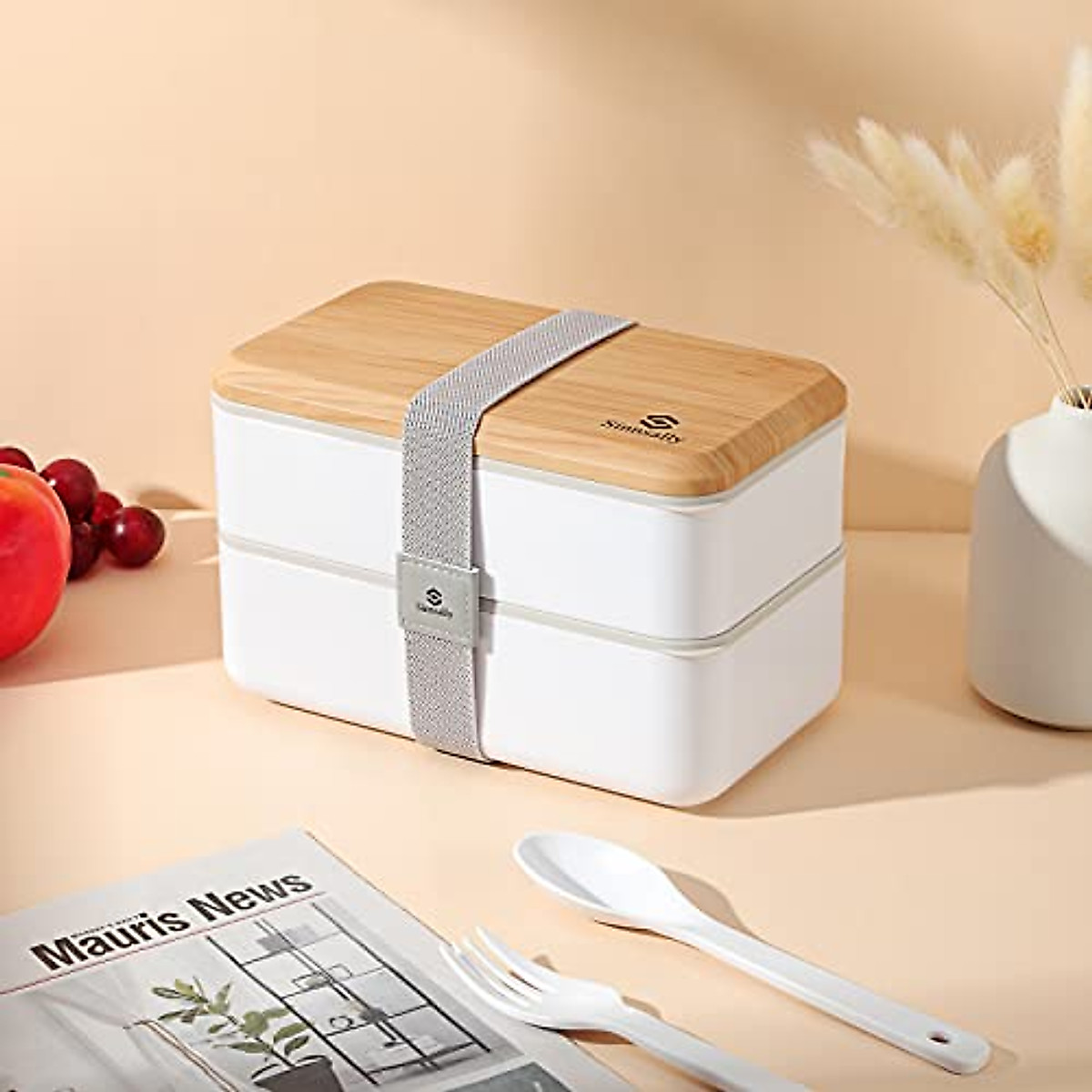 Bento Box Adult Lunch Box,All-in-1 Stackable Japanese Bento Lunch Box for Women,(47oz) Lunch Containers with Food Compartments, Accessories and Sauce Container,Leak-proof,Microwave Safe (White)