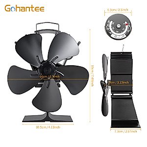 5 Blades Fireplace Fan Heat Powered Wood Stove Fan Circulates Warm Heated Air for Gas Pellet Wood Log Burner Stove Fan Efficient Heat Distribution Eco-Friendly with Thermometer
