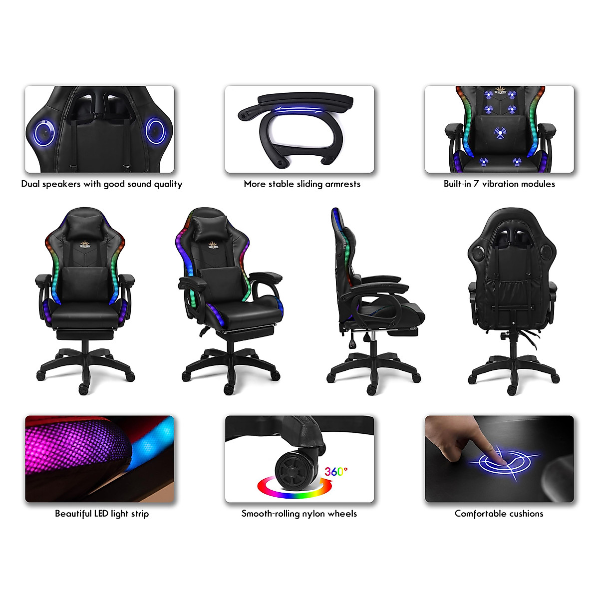 Gaming Chair with LED Lights and Speakers, Ergonomic Pro Video Game Chair with Massage and Footrest, for Adults, Teens, and Kids - Perfect for Gaming, Office, and Working. (Black)