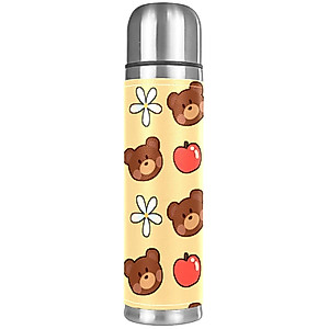 Stainless Steel Leather Vacuum Insulated Mug Bear Thermos Water Bottle for Hot and Cold Drinks Kids Adults 16 Oz
