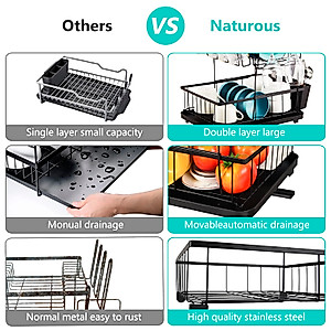 Naturous Large Dish Drying Rack Drainboard Set, Stainless Steel 2 Tier Dish Racks for Kitchen Counter, Detachable Dish Drainer with Utensils Holder, Cutting Board Holder,Cup Holders
