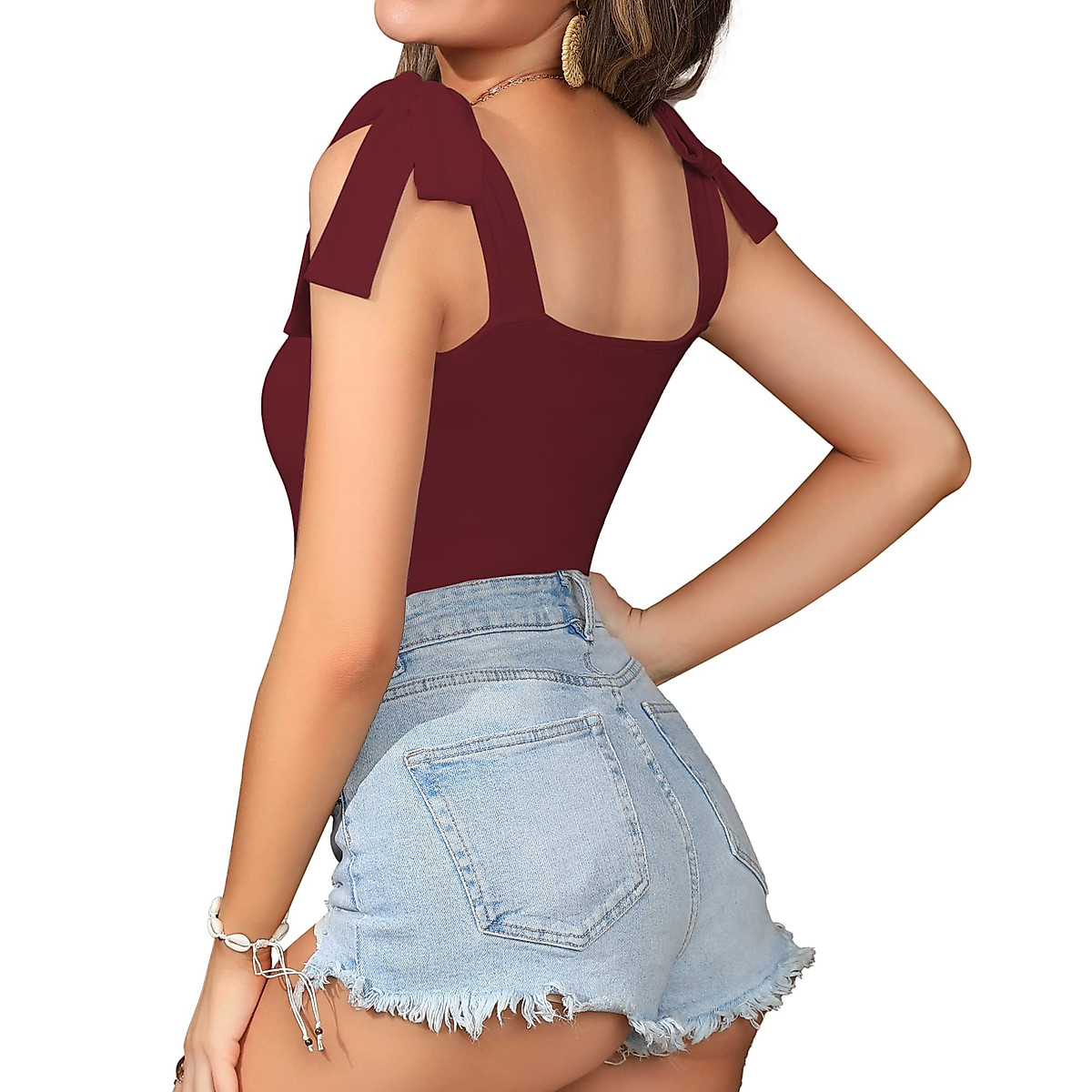 MANGOPOP Women's Square Neck Sleeveless Tank Tops Tie Shoulder Bodysuits Jumpsuits Clubwear