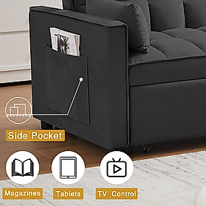 Wakefit 3 in 1 Convertible Sleeper Sofa Bed, Futon Couches for Living Room with Side Pocket | Adjustable Backrest| Velvet Fabric | Pull Out Couch | Loveseat | Sectional Sofa Bed(Black)