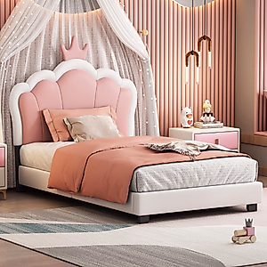 Upholstered Platform Bed, Pink Cute Cartoon Elements Princess Bed Fun Bed, Wood Twin Size Bed Frame with Crown Shaped Headboard, Kids Bedroom Furniture Cute Bed Upholstered Bed