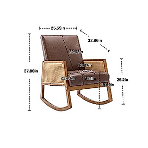 Haplized Brwon Leather Rocking Chair, Modern Rattan Armrests Accent Chair with Padded Seat and High Backrest, Comfy Rocker for Nursery, Living Room, Bedroom