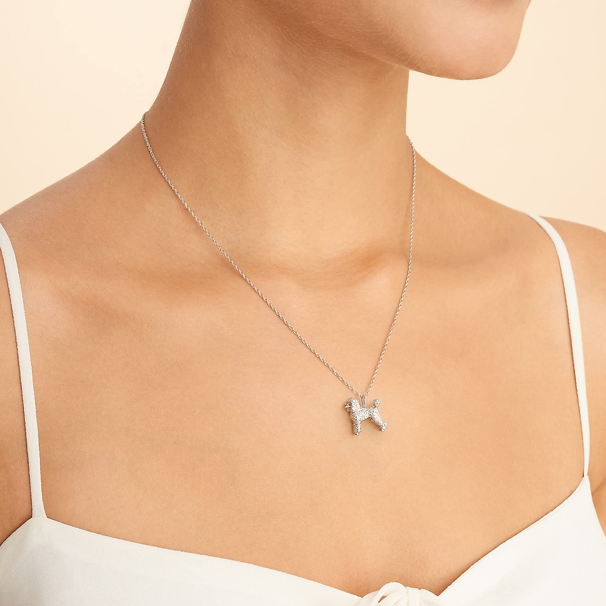 SCAMPER & CO Poodle Pendant Necklace for Women - Premium Plated Rhodium Sterling Silver Rope Chain with Easy Closure Lobster Claw Clasp, 18 inch