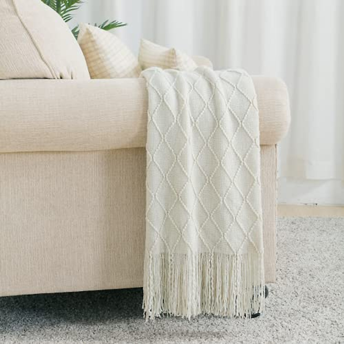 BOURINA Throw Blanket-50 x60 Beige, Textured Solid Soft SofaThrow, Knitted Decorative Throw Blanket for Bedroom, Travel Blanket, Officeroom