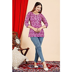 COTTON HTHRANG Women's Tunics Tops, Printed Short Kurtis for Jeans Indian Style Cotton Casual Kurta for Women Purple