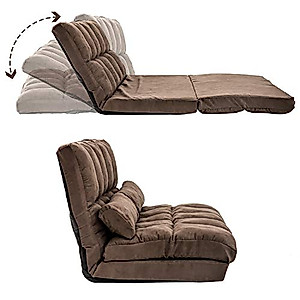 Double Chaise Lounge Sofa, Floor Sofa Bed Adjustable Sleeper Bed Futon Bed Sofa Couches 5-Position Reclining Sofa Lazy Sofa with Two Pillows (Brown)