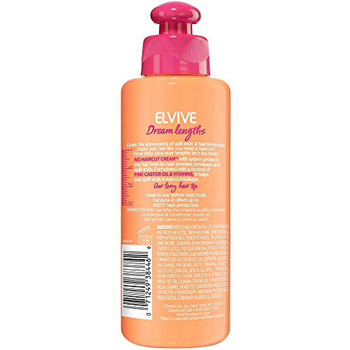L’Oreal Paris Elvive Dream Lengths No Haircut Cream Leave in Conditioner With Fine Castor Oil, Vitamins B3, B5 for Long, Damaged Hair, Helps Seal Split Ends and Reduces Breakage With System 6.8 FL; Oz