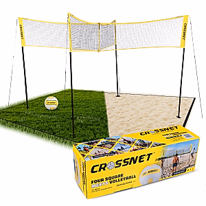 CROSSNET 4-Way Volleyball Net with Carrying Backpack & Ball - 4 Square Volleyball Game Set for Adults and Kids - Quick Assemble Outdoor Game - Backyard Yard Games
