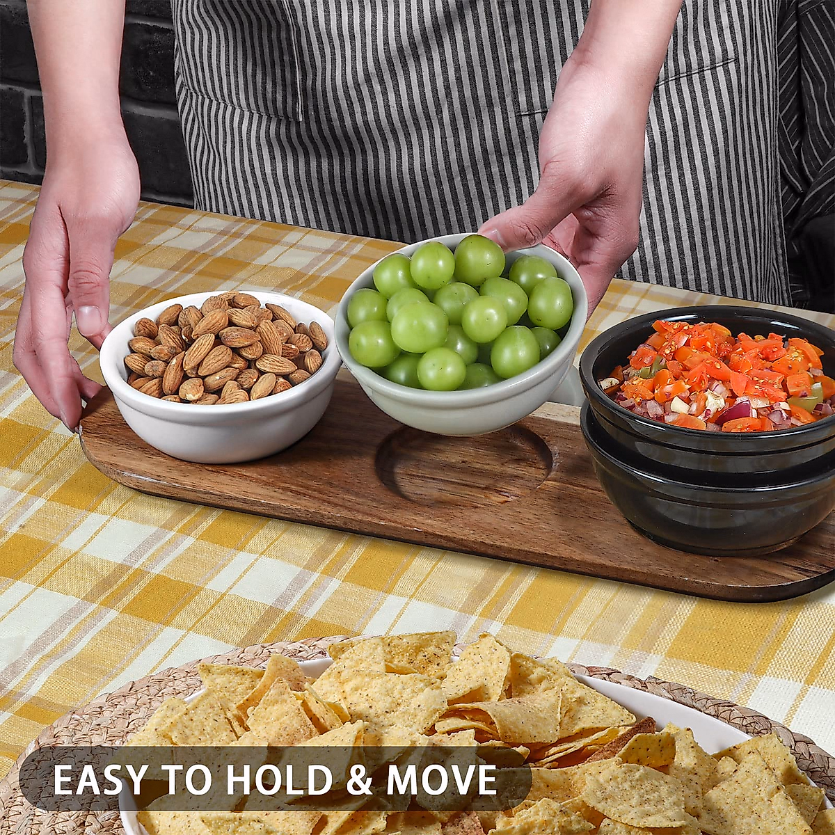 Artena 12 oz Solid Ceramic Chip and Dip Serving Set with Acacia Wooden Tray, 5-inch Grey Dipping Bowls, Small Serving Bowls for Side Dishes, Salsa, Appetizer, Serving Dishes for Entertaining