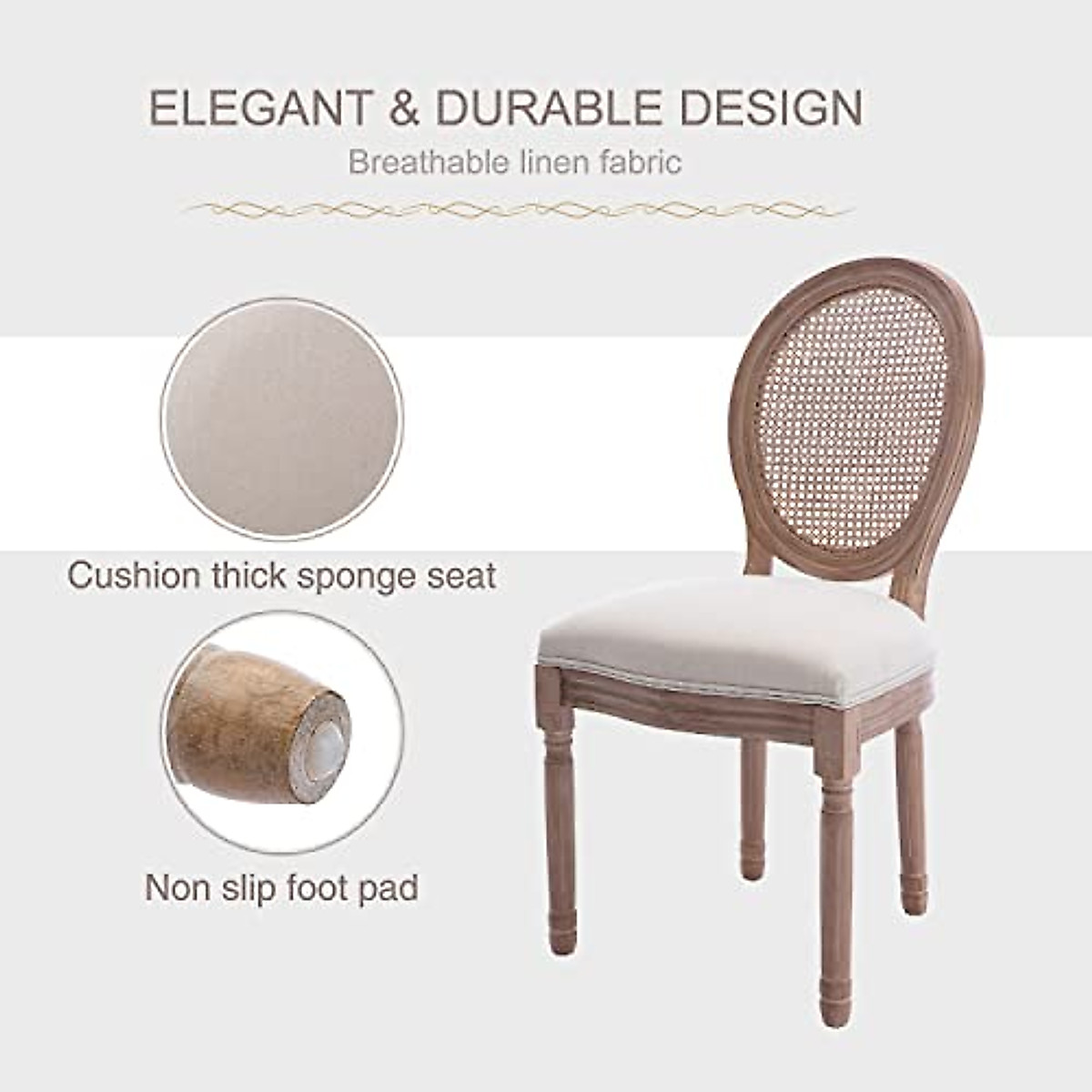 Virabit French Dining Chairs Set of 4, Rattan Farmhouse Upholstered Dining Chairs with Curved Backrest and Beautifully Carved Solid WoodFrame for Living Room, Kitchen, Restaurant