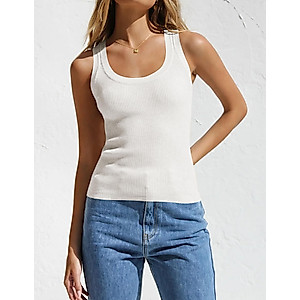 ZESICA Women's Sleeveless Tank Tops Summer Scoop Neck Ribbed Knit Slim Fitted Casual Basic Tee Shirts,White,Medium