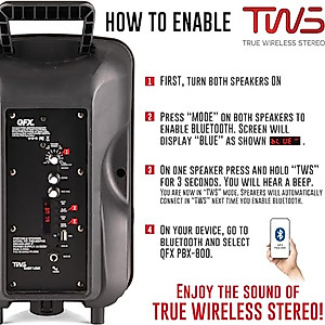 QFX PBX-800TWS 8-Inch TWS Bluetooth Stereo PA System with 2 8" Speakers, 2 Microphones, 2 Stands, and a Remote Control