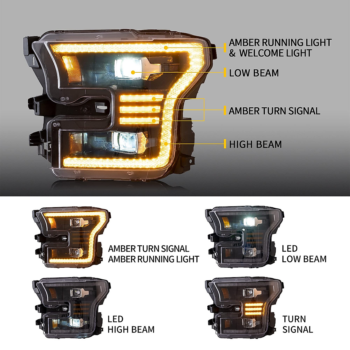 VLAND LED Headlights Compatible For [2015-2017 Ford F150 XL, XLT, Lariat, King Ranch, Platinum, Limited] With Dynamic Amber DRL & Turn Signal Lights, (Factory Halogen ONLY)