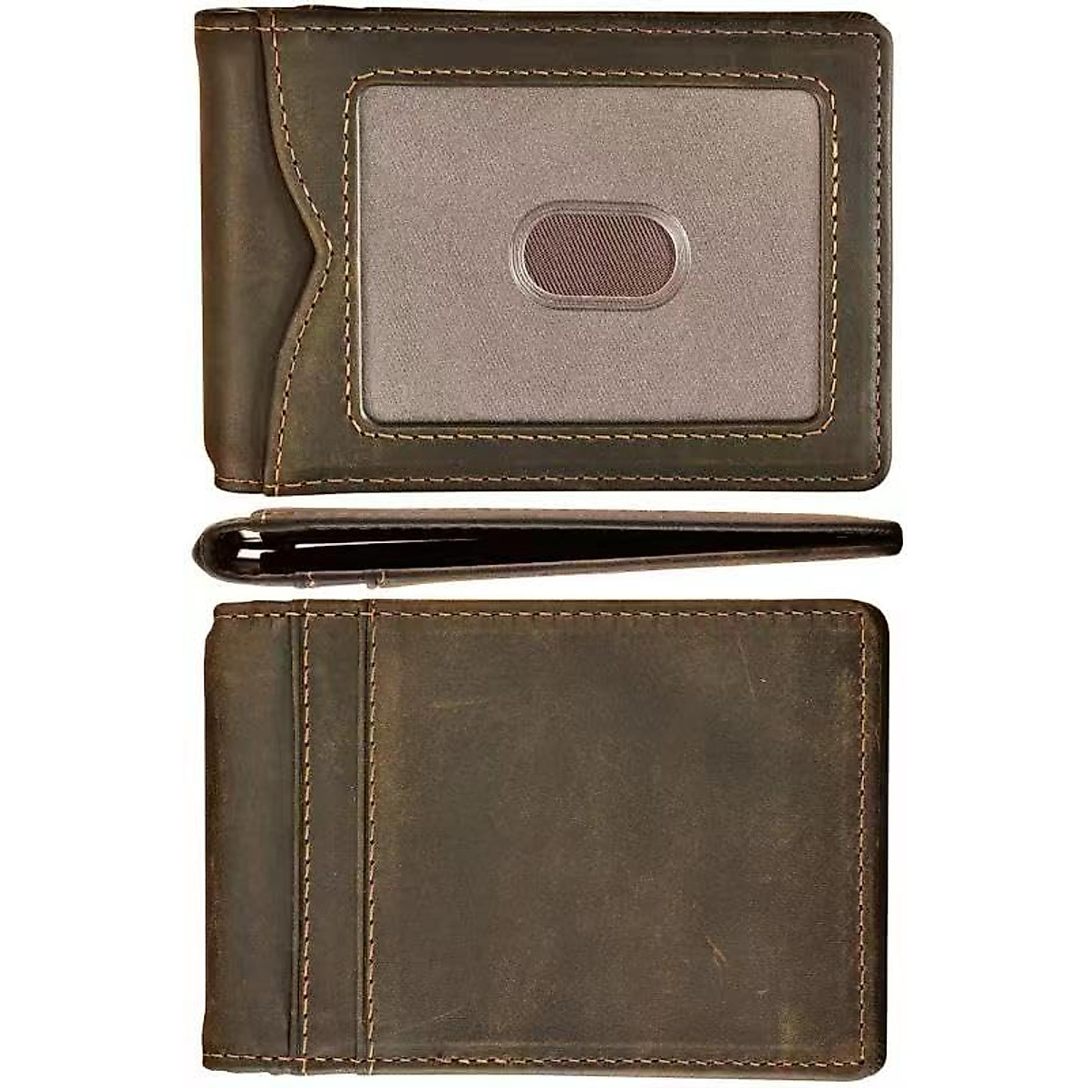 kinzd Slim Wallet with Money Clip RFID Blocking Minimalist Bifold Wallet for Men Genuine Leather Front Pocket Card Holder (AS137 - Crazy Horse Leather Dark Brown)