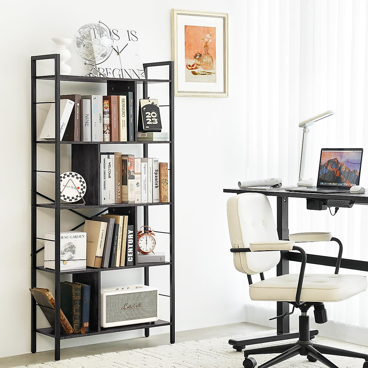 Yoobure 5 Tier Tall Book Shelf, Industrial Bookshelf Storage Bookcase, Open Wood Book Case, Rustic 5 Shelf Display Shelf for Living Room, Modern Standing Book Shelf for Bedroom, Home Office, Kitchen