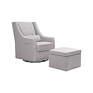 DaVinci Owen Upholstered Swivel Glider with Side Pocket and Storage Ottoman in Grey with Cream Piping, Greenguard Gold & CertiPUR-US Certified