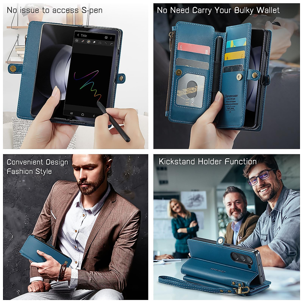 Defencase Wallet Case Compatible with Samsung Galaxy Z Fold 5 with RFID Blocking Card Holder & S Pen Holder PU Leather Magnetic Snap Flip Zipper Strap Phone Case Fit for Galaxy Z Fold 5, Dark Blue