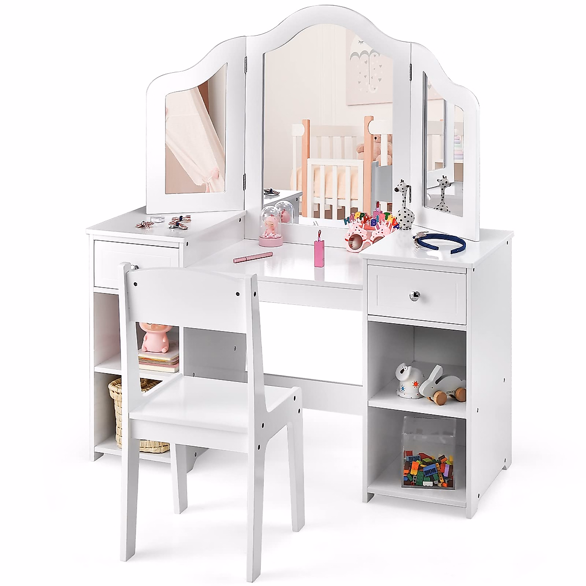 AKUSTIK Kids Vanity, 2 in 1 Wooden Princess Makeup Table and Chair for Toddlers with Tri-Folding Detachable Mirror, Storage Drawers for Little Girls, Pretend Beauty Dressing Desk Play Set Toy Gift