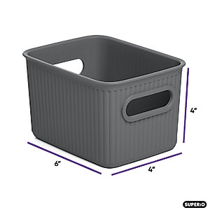 Superio Ribbed Collection - Decorative Plastic Open Home Storage Bins Organizer Baskets, Small Grey (2 Pack) Container Boxes for Organizing Closet Shelves Drawer Shelf 1.5 Liter