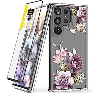 DagoRoo for Samsung Galaxy S23 Ultra Case with Tempered Glass Screen Protector, Girls Women Crystal Clear Flower Pattern Cases, Slim Fit Soft TPU + PC Shockproof Cover for Galaxy S23 Ultra (Purple)