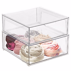 mDesign Plastic Stackable Closet Storage Organizer Bin Containers with Front Pull Drawer for Cabinet, Desk, Shelf, Cupboard, or Dresser Organization - Lumiere Collection - 2 Pack - Clear