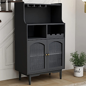 Loscear Wine Liquor Cabinet Bar for Home with Removable Wine Rack and Storage, Dark Grey Wood Coffee Bar Cabinets for Home with Solid Wood Legs and Tempered Glass Doors, 27.56”×15.75”×50.39”