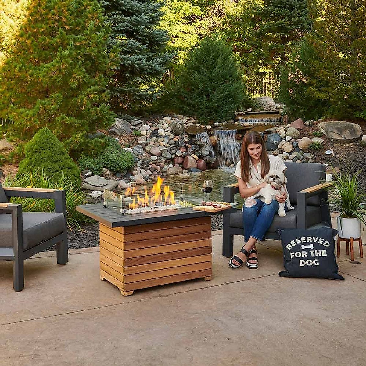 Outdoor GreatRoom Co Propane Fire Pit Table - Darien Gas Fire Pits for Outside Patio - 44 Inch Rectangular Everblend Concrete Firepit Fire Table, Wood Base, Glass Tabletop Cover, 55,000 BTU - Black