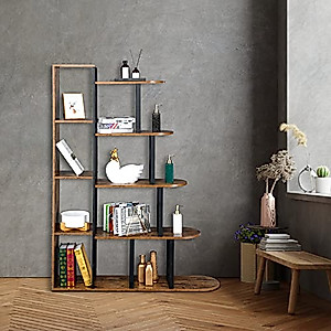VINGLI 5-Tier Bookshelf, 5 Shelf Geometric Industrial Rustic Open Bookcase, 62.99" H L-Shape Freestanding Corner Ladder Shelf for Living Room, Study, Office, Retro Brown