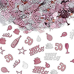 OSDUE 3000 Pieces Pink Gold Silver Happy Birthday Confetti, 50 Years Birthday Cake Confetti, Metallic Foil Balloon Confetti, Table Scatter Confetti Decoration Supplies, for Birthday Party (50th Style)