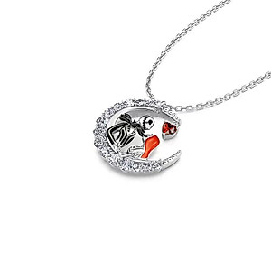 Nightmare Skull Necklace 925 Sterling Silver Jack and Sally Necklace I Love You Pendant Necklace Birthday Commemorative Christmas Gift for Wife, Girlfriend, Mother, Daughter, Jewelry Gift
