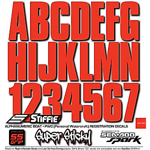 STIFFIE Uniline Lava SUPER STICKY 3" Alpha Numeric Registration Identification Numbers Stickers Decals for Sea-Doo SPARK TRIXX, Inflatable Boats, RIBs, Hypalon/PVC, PWC and Boats.