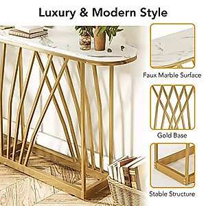 Tribesigns Gold Console Table, 43" Modern White Sofa Couch Table with Faux Marble, Oval Wooden Hallway Foyer Table, Narrow Entryway Table with Metal Frame for Living Room Bedroom Entrance