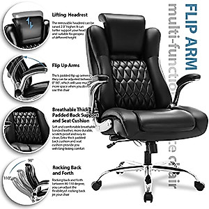 High Back Office Chair with Lifting Headrest - Flip Arms Adjustable Built-in Lumbar Support, Executive Computer Desk Chair Home Office Work Chairs, Thick Padded, Strong Metal Base, Ergonomic Design