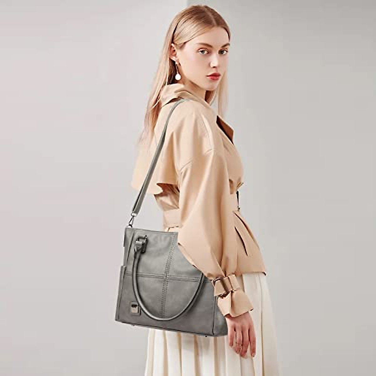 Purses for Women，Soft PU Leather Handbags ，Large Capacity Purse， Fashion Crossbody Bags, Top Handle Satchel (Grey)