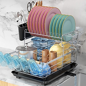 G-TING Dish Drying Rack, 2 Tier Detachable Dish Rack and Drainboard Set, Rust-Proof Drying Rack for Kitchen Counter, Large Capacity Dish Drainer with Utensils Holder and Cup Rack, Grey