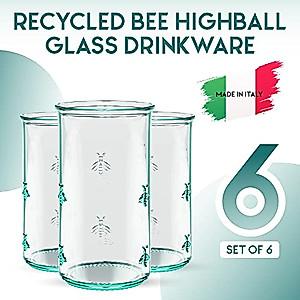 Amici Home Regina Hiball Glass | 18 Oz | Italian Made, Recycled Green Glass | Drinking Glass with Embossed Bee Design for Water, Juice, Iced Tea, Cocktails (Set of 6)