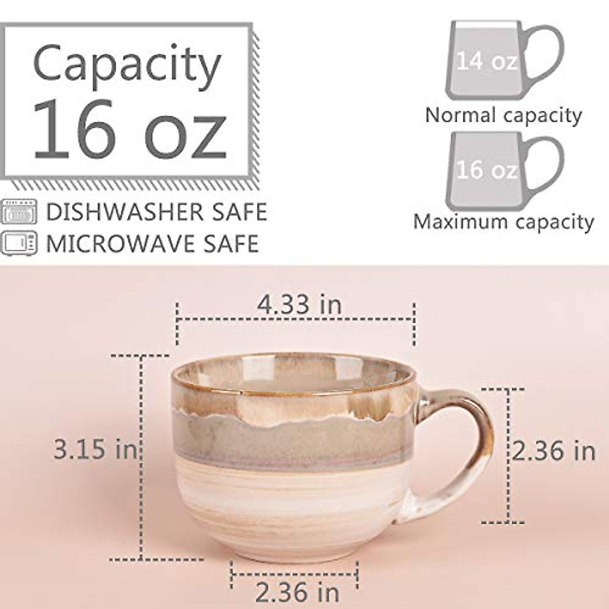 Bosmarlin Large Ceramic Coffee Mug Set of 2, Stoneware Jumbo Latte Mugs for Office and Home, 16 Oz, Dishwasher and Microwave Safe(Brown Grey, 2)