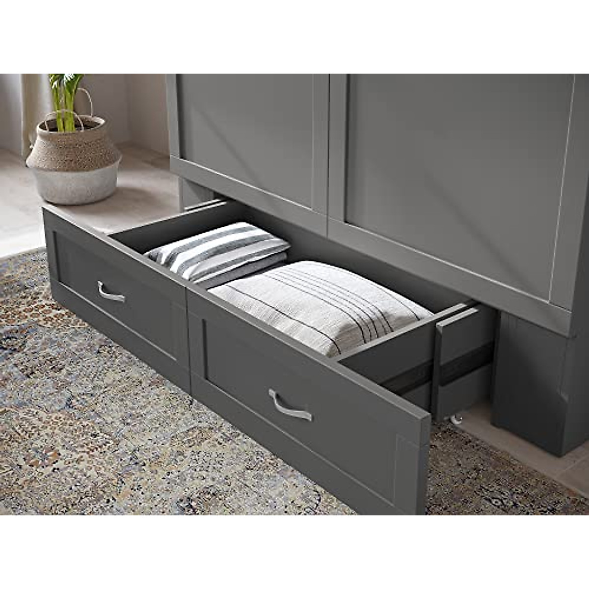 AFI, Hamilton Murphy Bed Chest with 6 inch Memory Foam Folding Mattress, Built-in Charging Station and Storage Drawer, Full, Grey