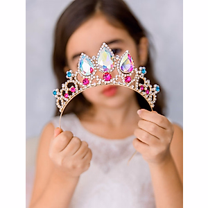 SWEETV Rapunzel Tiara for Girls Birthday and Costume, Aurora Borealis Crystal Princess Tangled Crown Headband for Kids Cosplay, Wedding Hair Accessories for Flower Girls