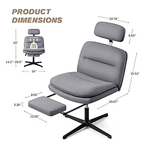 Flamaker Desk Chair Comfy with Footrest & Headrest, Criss Cross Legged Office Chairs No Wheels, Fabric Modern Armless Swivel Adjustable Vanity Chair