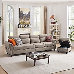 Jarenie 107" Convertible Sectional Sofa, 4-Seat L Shaped Couch with Storage Chaise and Side Pocket, Modern Linen Fabric Sectional Couches for Living Room, Beige