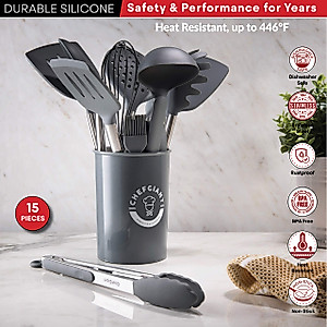 Silicone Cooking Utensils Set - Stainless Steel Handle, 15 Piece Kitchen Utensil Sets | Nonstick, Heat Resistant, BPA Free & Dishwasher Safe | Grey